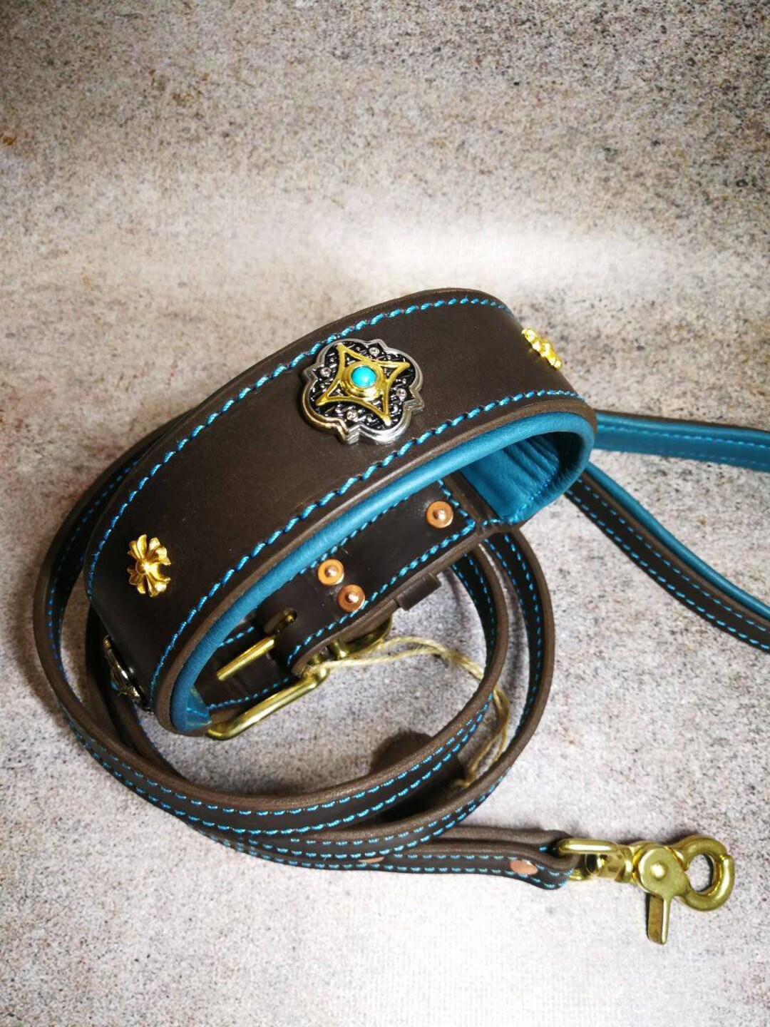 Turquoise Jeweled Leather Dog Collar and Leash Set, Matching Collar and ...