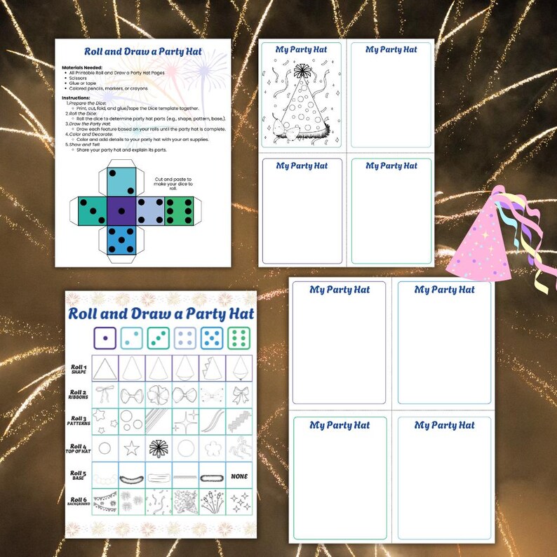 Roll and Draw a Party Hat Printable / Draw a New Year Party Hat / New ...