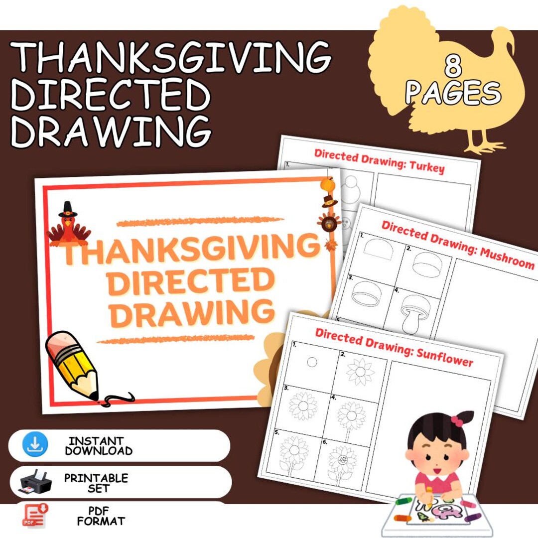 Thanksgiving Themed Directed Drawing / Printable / 8 Pages / Step by ...