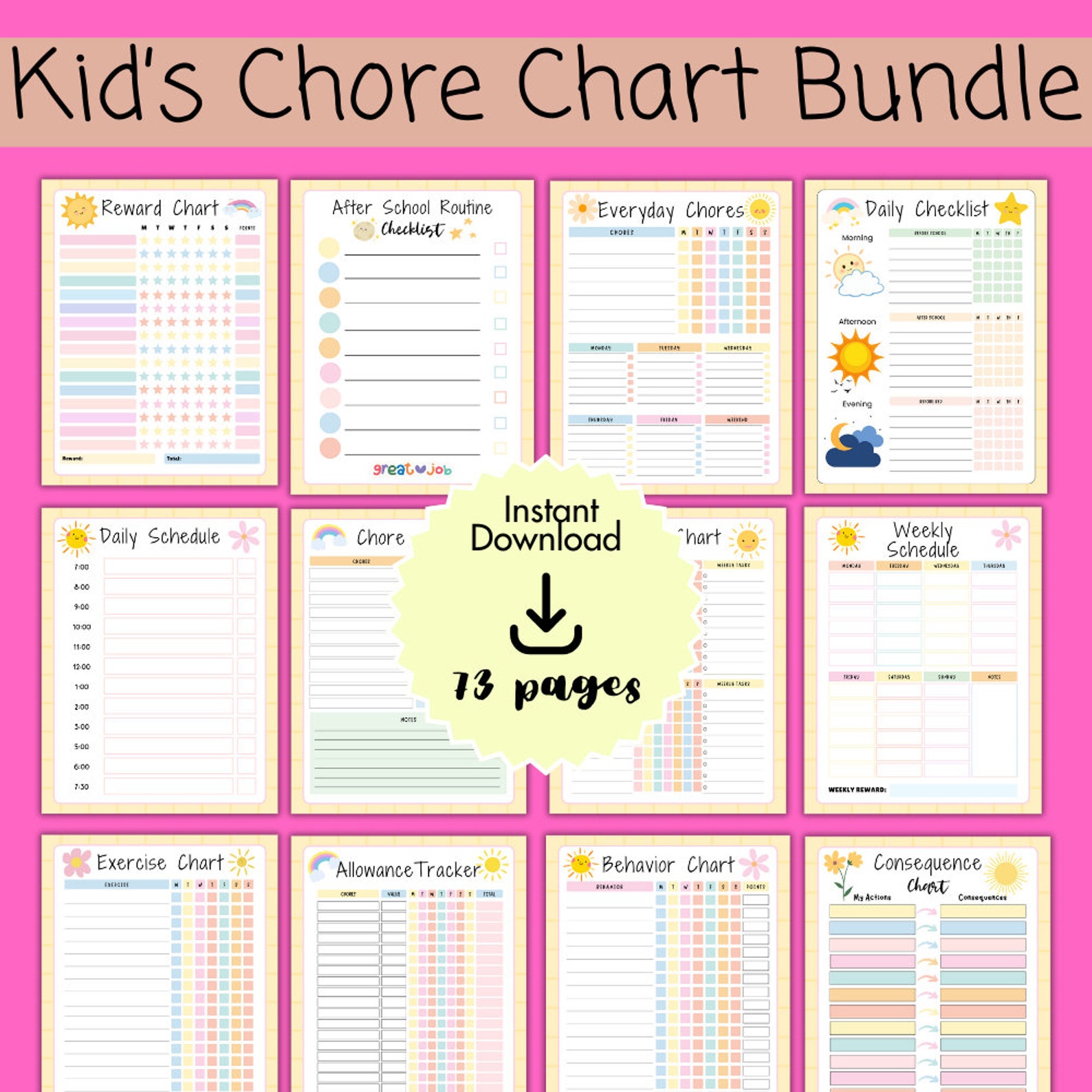 Kids Chore Chart Printable / PDF / Weekly Schedule / Exercise Chart ...