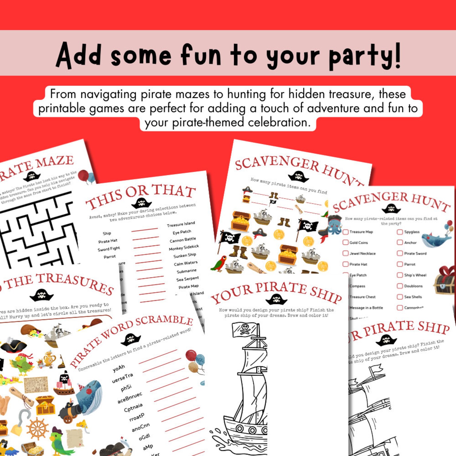 Pirate Birthday Party Games Printable / Red / 13 Pages / PDF / Pirate ...