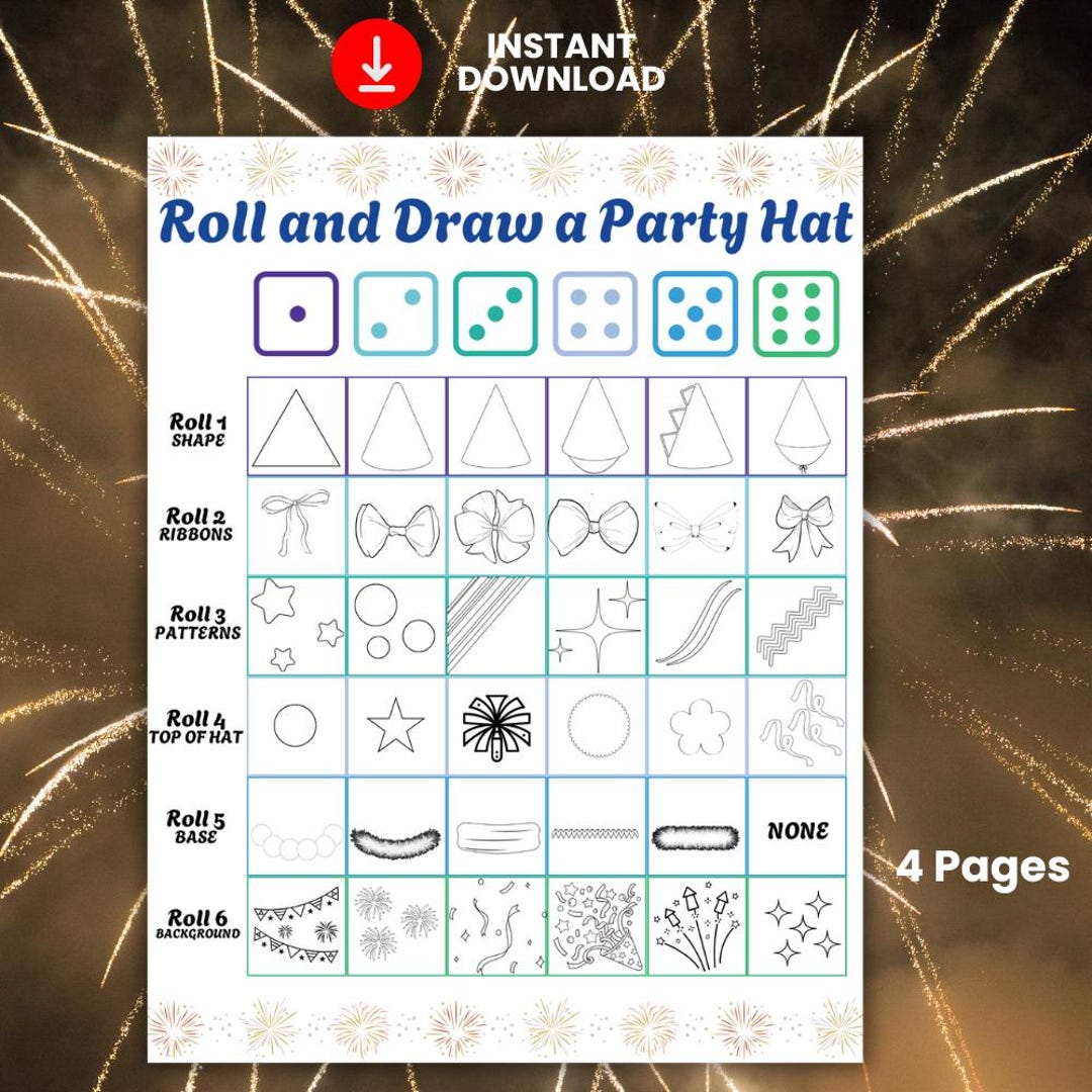 Roll and Draw a Party Hat Printable / Draw a New Year Party Hat / New ...