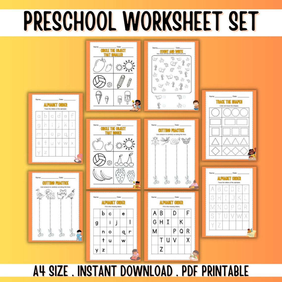 Preschool Worksheets Set / Printable / 50 Pages / Orange / Kindergarten ...