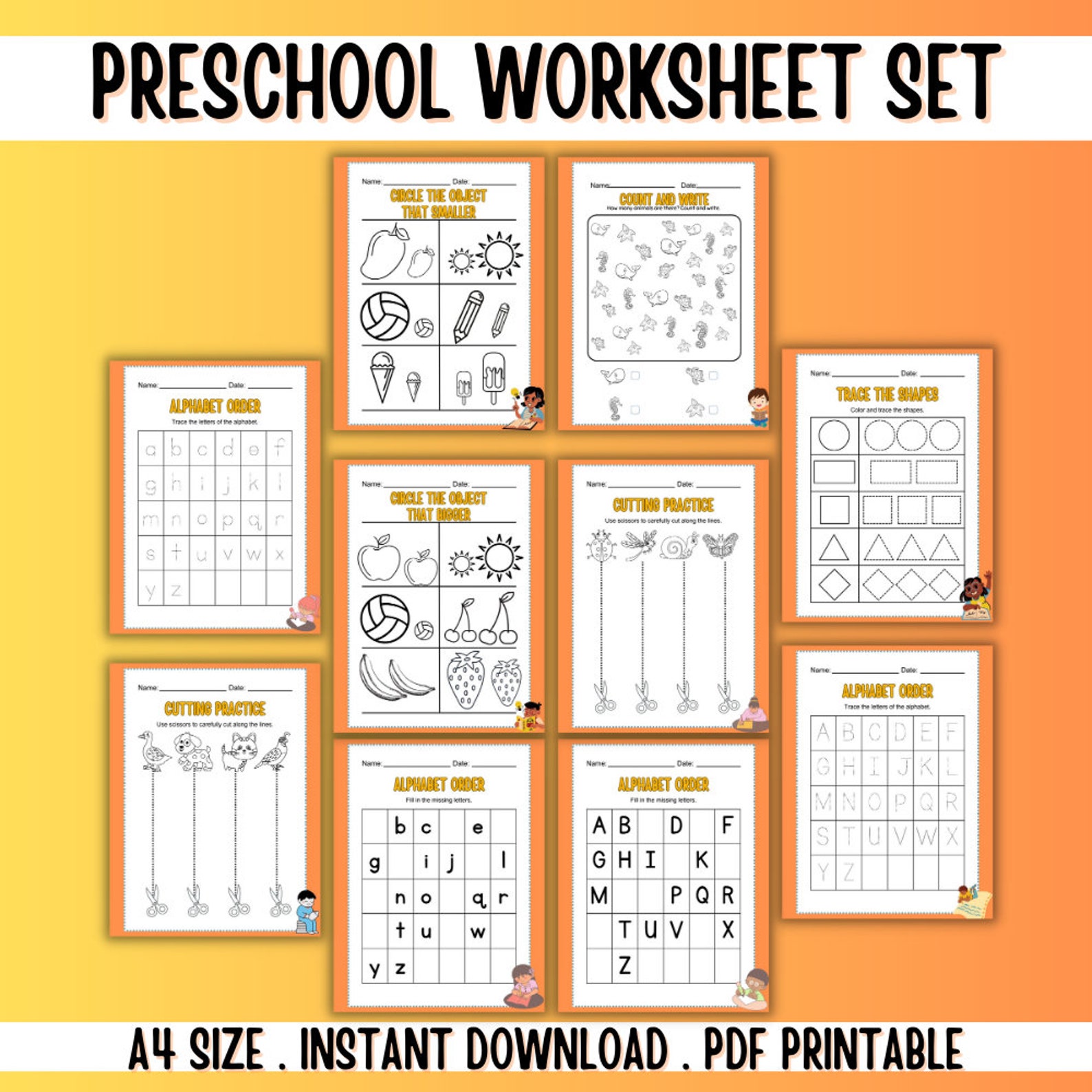 Preschool Worksheets Set / Printable / 50 Pages / Orange / Kindergarten ...