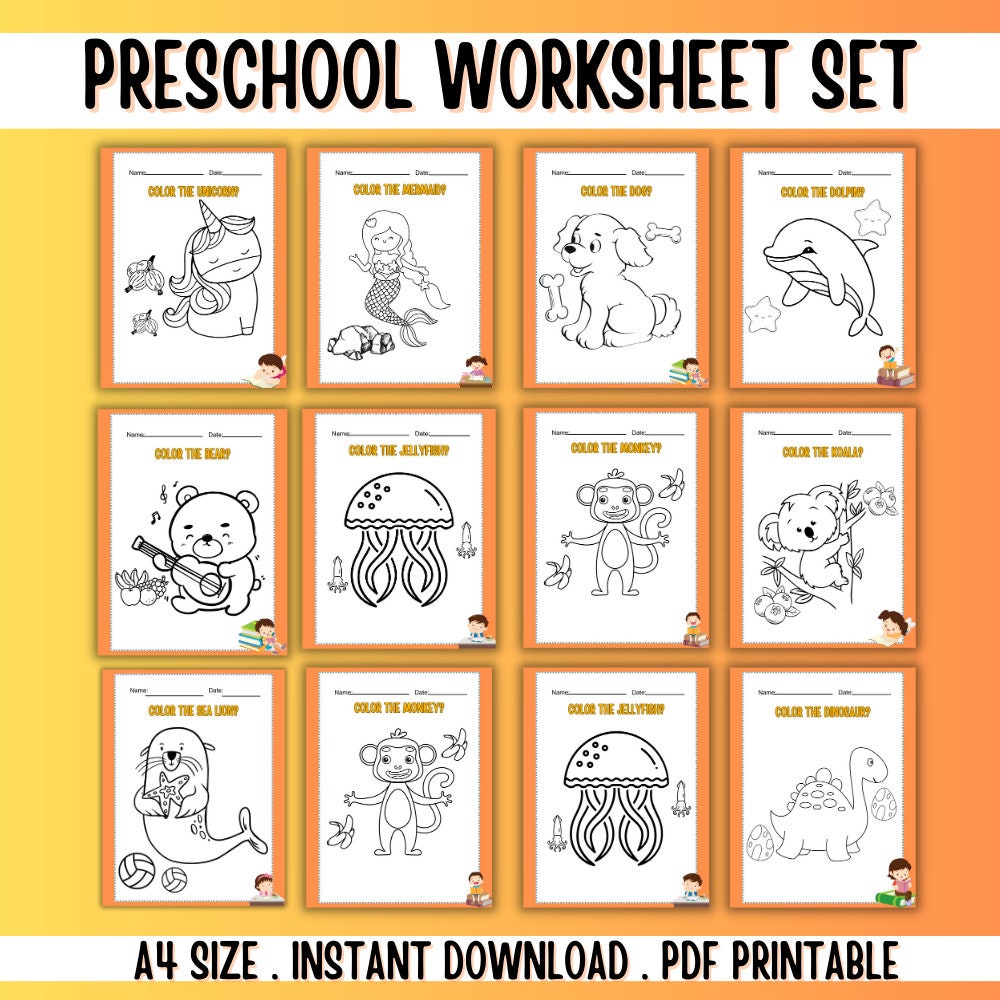 Preschool Worksheets Set / Printable / 50 Pages / Orange / Kindergarten ...