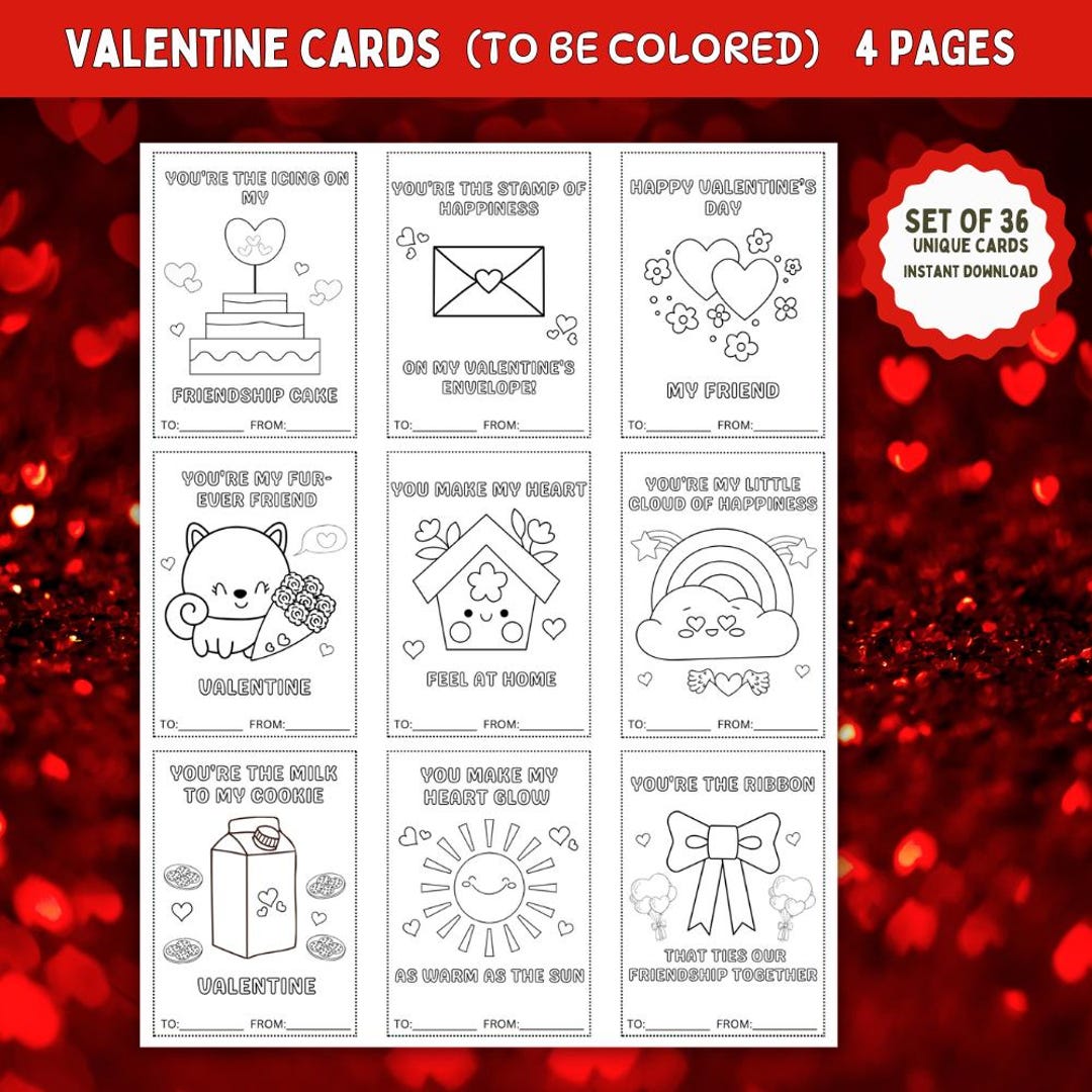 Valentine Cards Printable / Valentine Cards to Be Coloured / Valentine ...