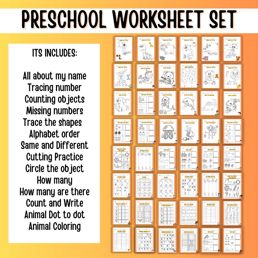 Preschool Worksheets Set / Printable / 50 Pages / Orange / Kindergarten ...