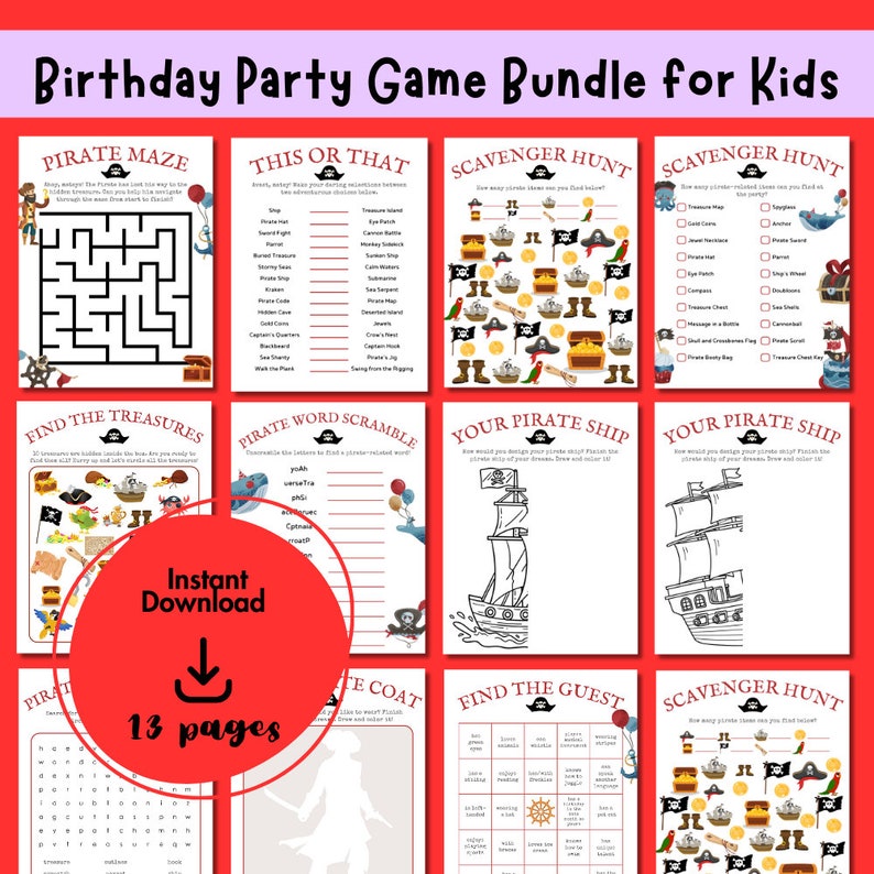 Pirate Birthday Party Games Printable / Red / 13 Pages / PDF / Pirate ...