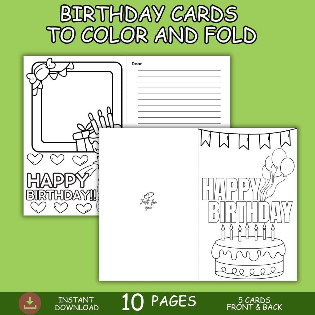 Birthday Cards Printable / to Print, Color and Fold in Half / Birthday ...