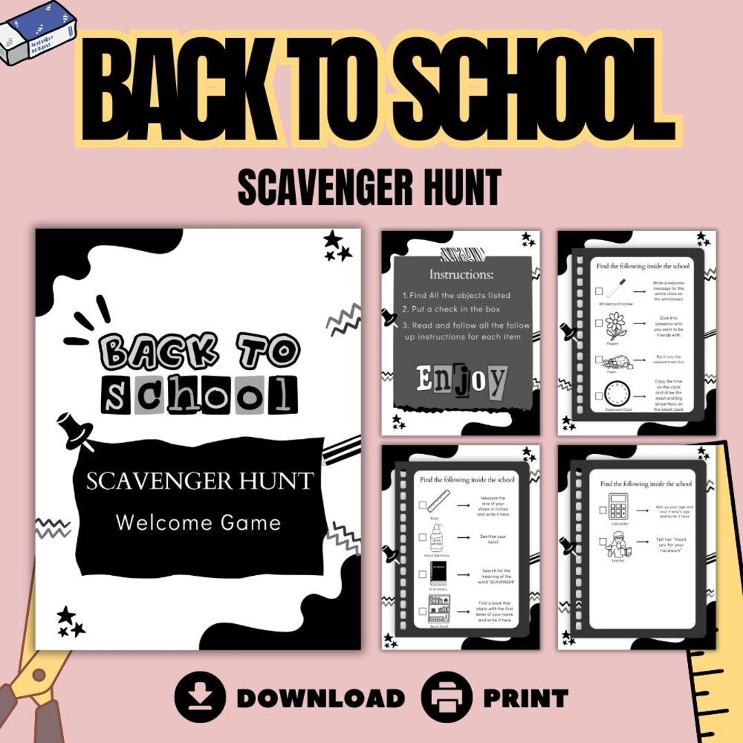 Back to School Scavenger Hunt Printable Games / 5 PDF Pages / Black and ...