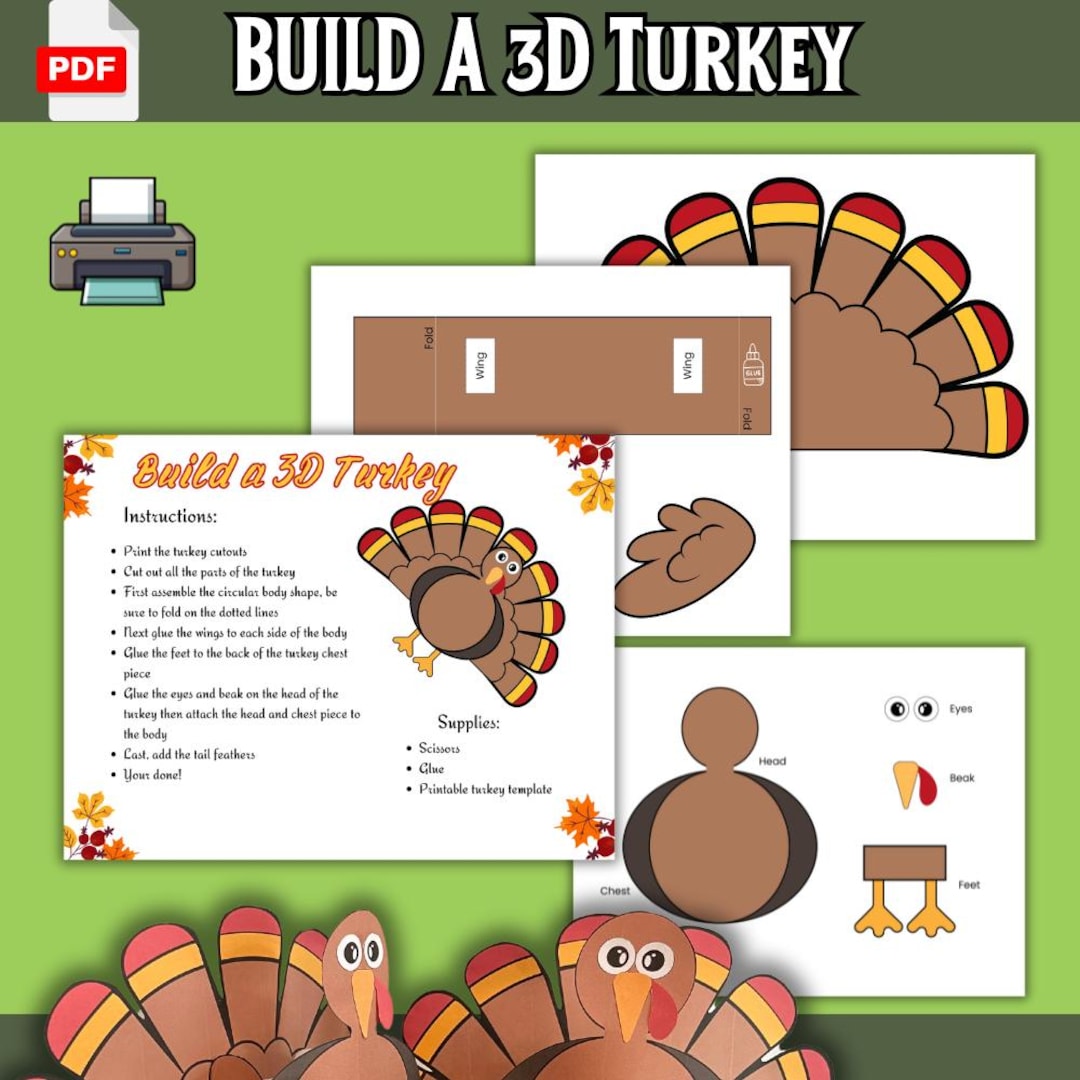 Build a 3D Turkey / Printable / Kids Activities / Kids Craft / 4 Pages ...