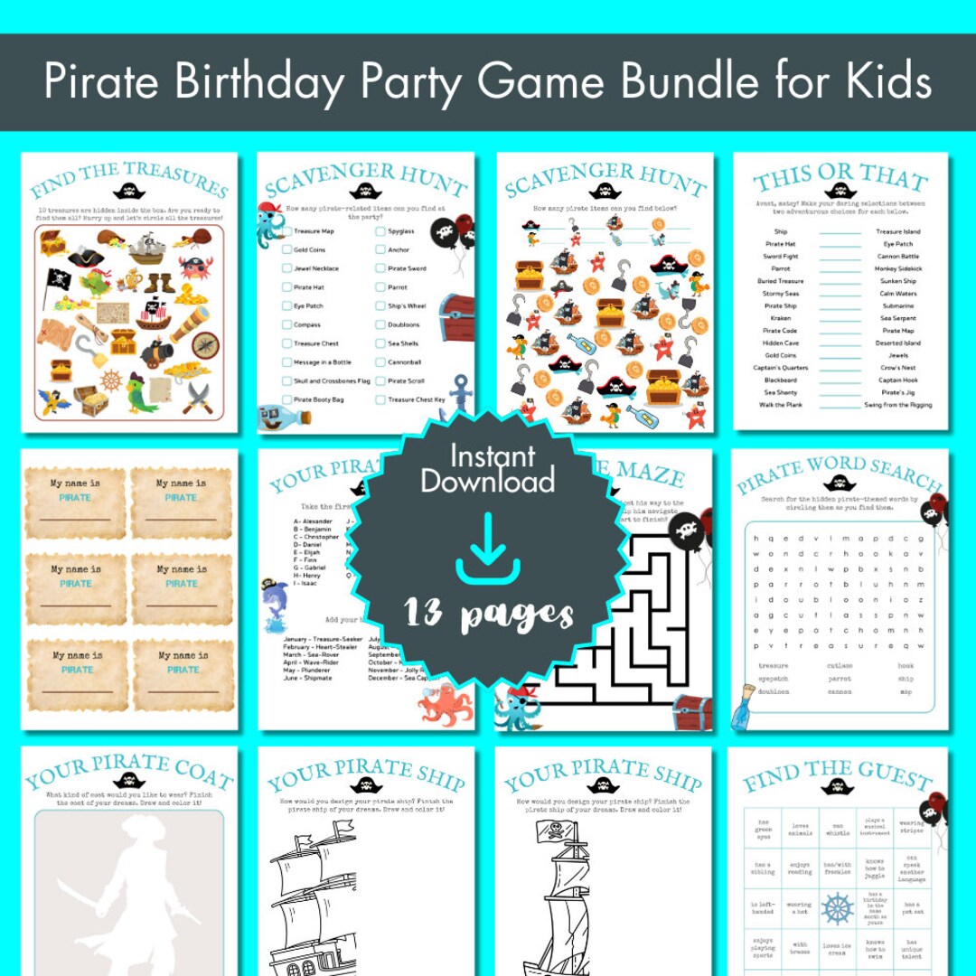 Pirate Birthday Party Games Printable / Aqua / 13 Pages / PDF / Pirate ...