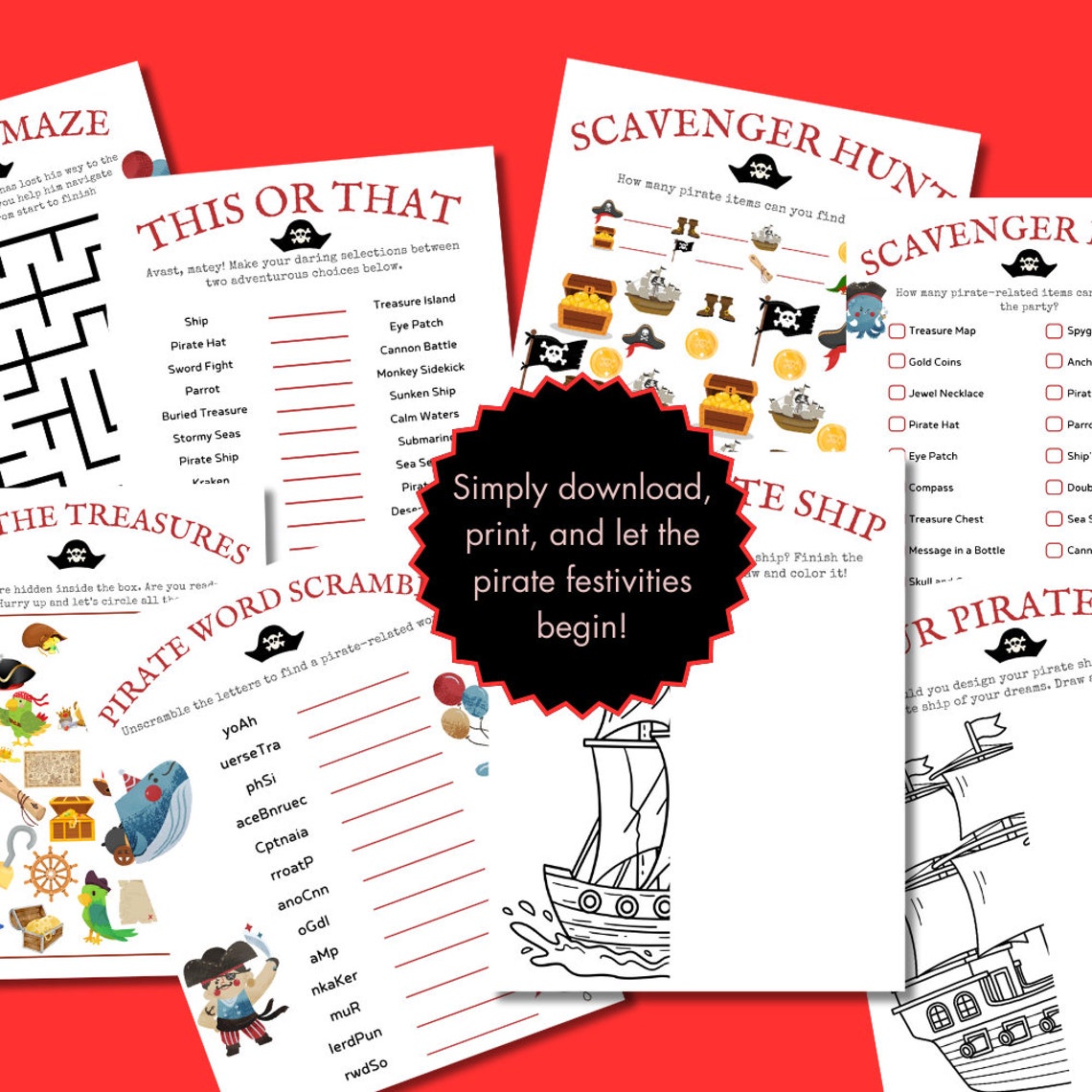 Pirate Birthday Party Games Printable / Red / 13 Pages / PDF / Pirate ...