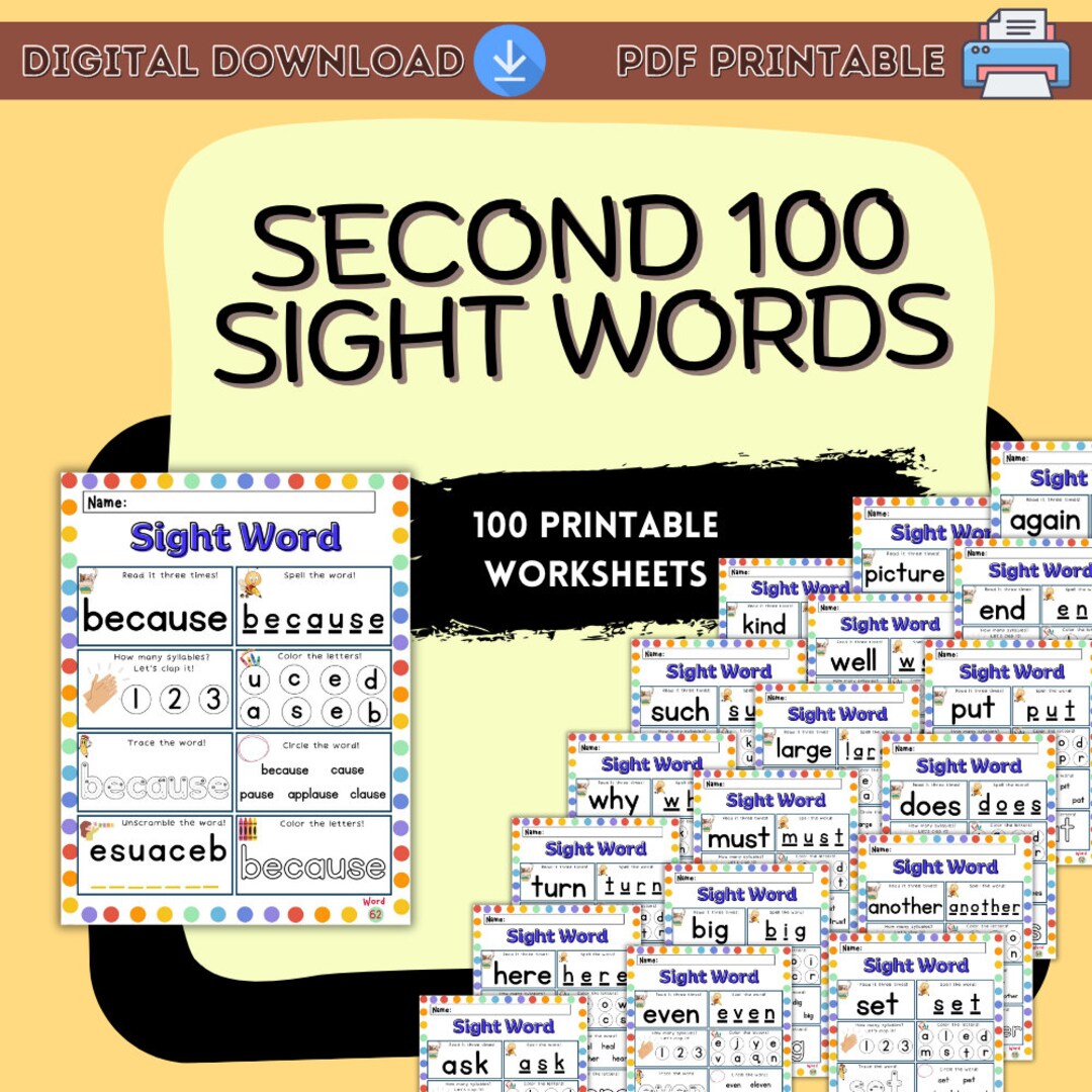 Second 100 Sight Words Worksheets / 100 Pages / PDF / Sight Words Flash ...