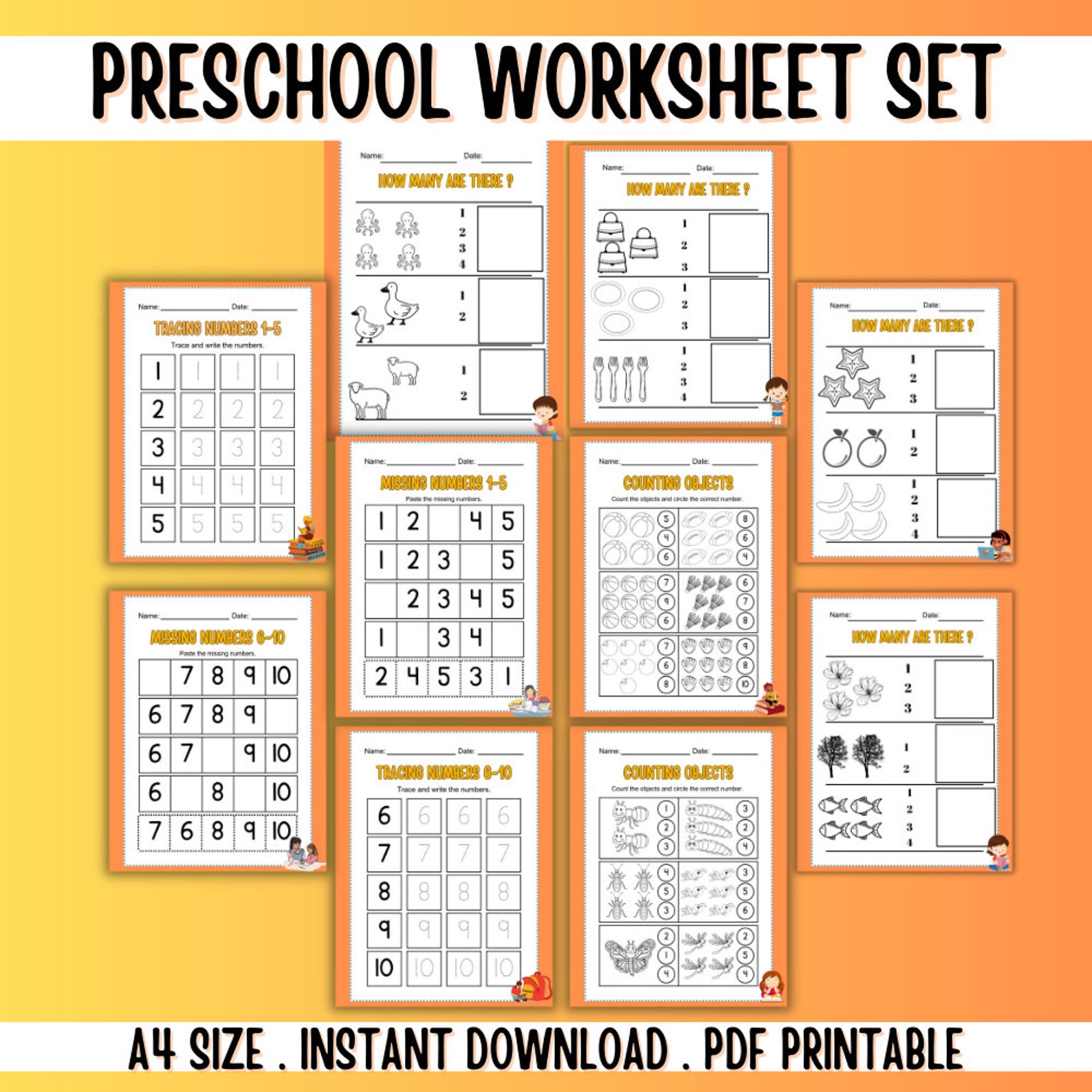 Preschool Worksheets Set / Printable / 50 Pages / Orange / Kindergarten ...