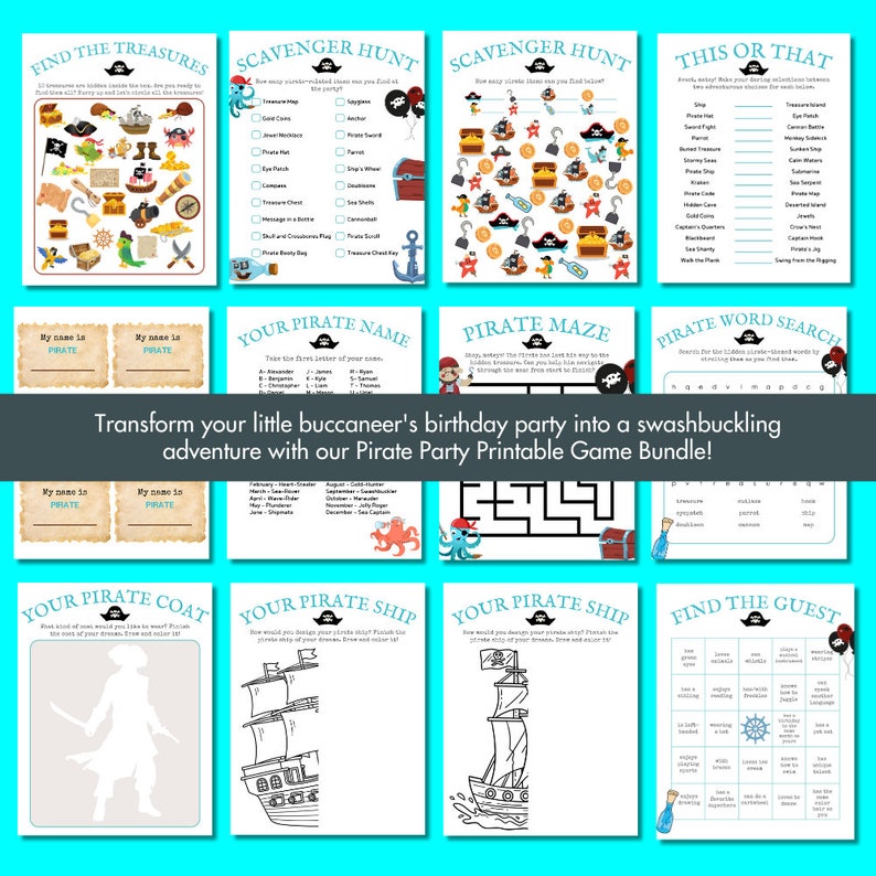 Pirate Birthday Party Games Printable / Aqua / 13 Pages / PDF / Pirate ...