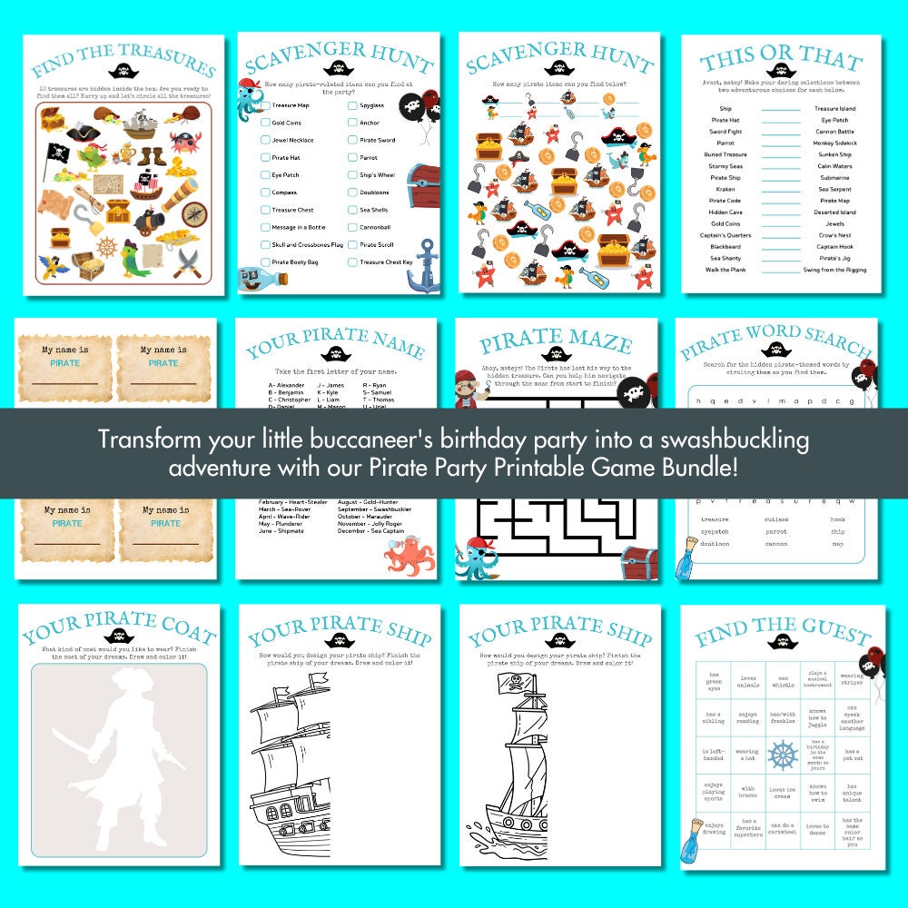 Pirate Birthday Party Games Printable / Aqua / 13 Pages / PDF / Pirate ...