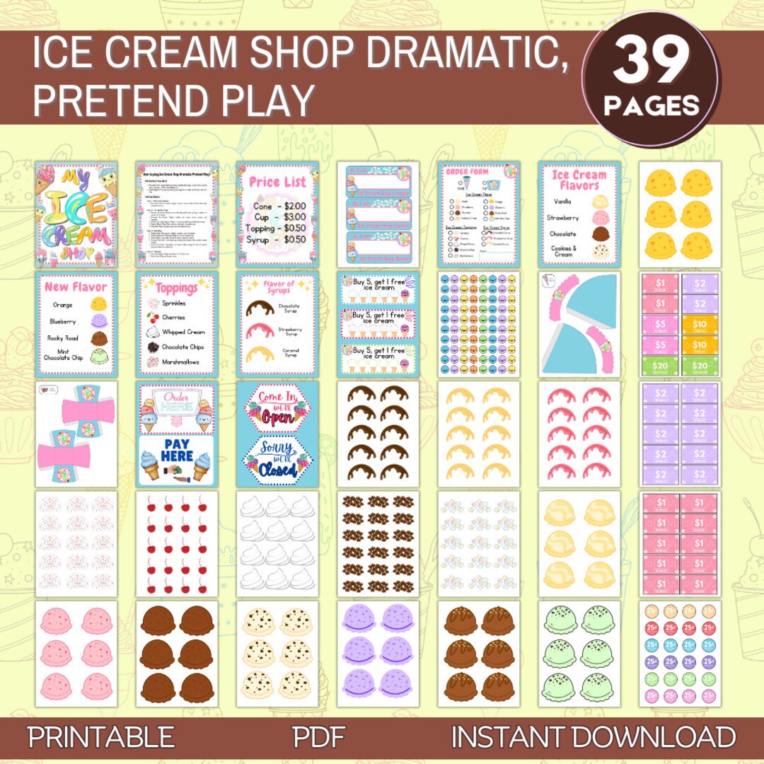 Ice Cream Shop Dramatic Pretend Play Printables Bundle / 39 Pages PDF ...