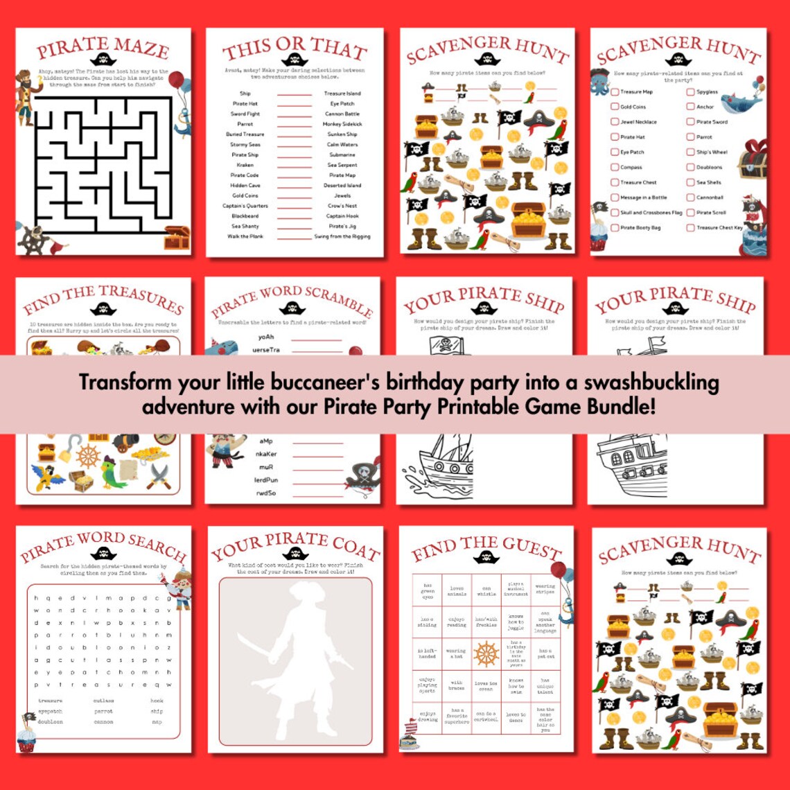 Pirate Birthday Party Games Printable / Red / 13 Pages / PDF / Pirate ...