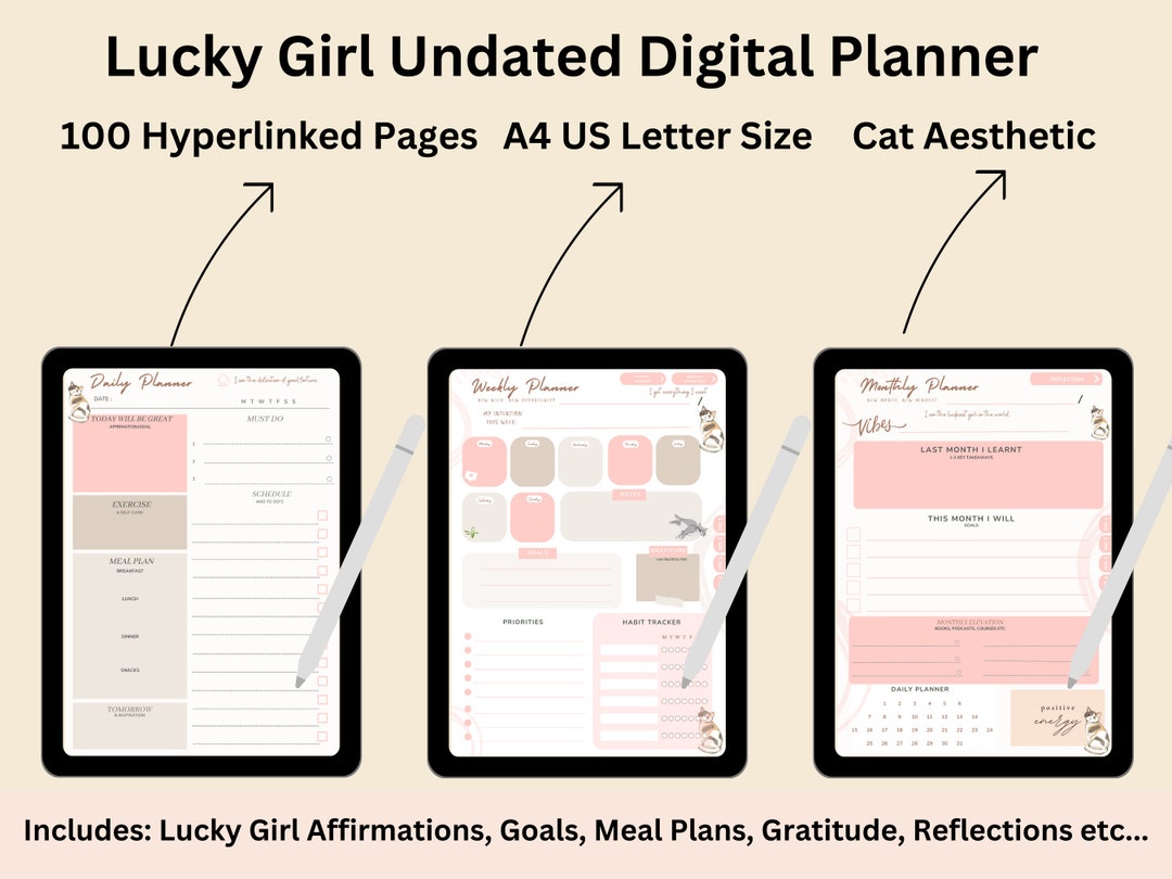 Digital Undated Planner / Lucky Girl Syndrome Planner / Cat Aesthetic ...