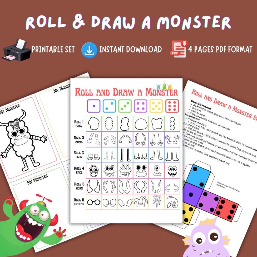 Roll and Draw a Monster Printable / 4 Pages / PDF / Drawing Activity ...