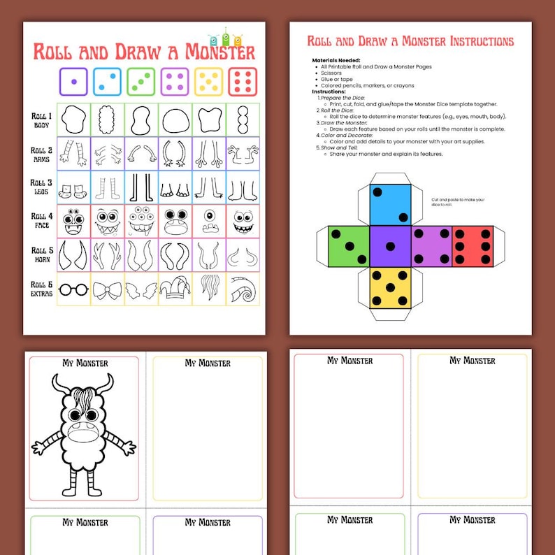 Roll and Draw a Monster Printable / 4 Pages / PDF / Drawing Activity ...