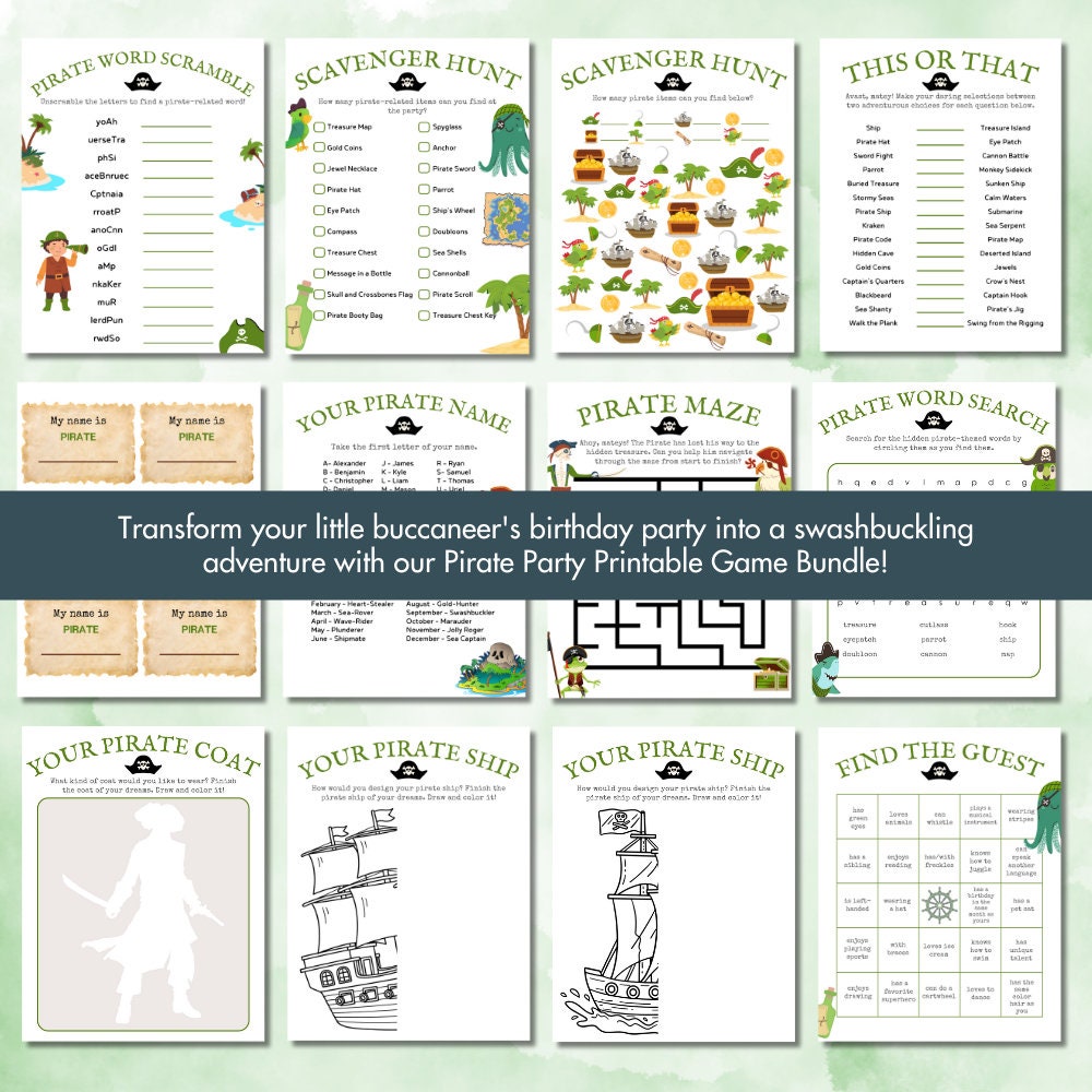 Pirate Birthday Party Games Printable / Green / 13 Pages / PDF / Pirate ...