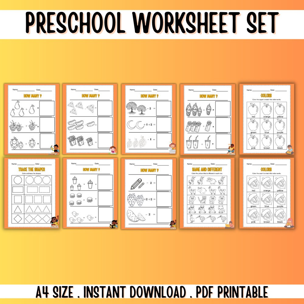 Preschool Worksheets Set / Printable / 50 Pages / Orange / Kindergarten ...