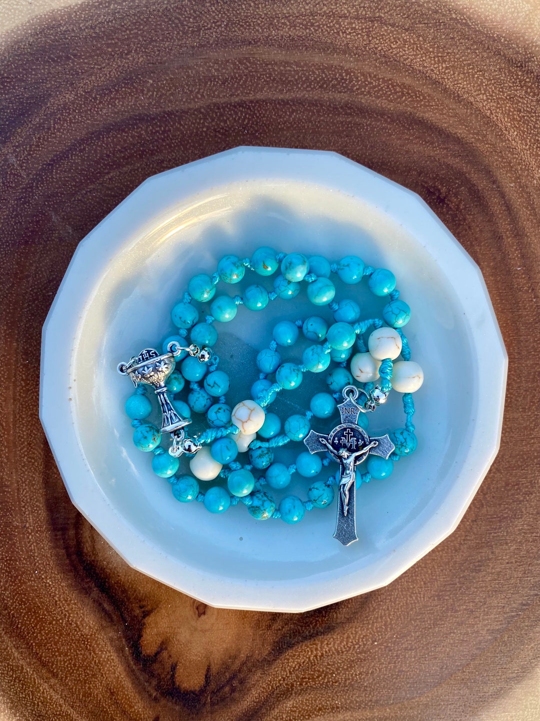 First Communion Catholic Rosary Beads Handmade Hand Knotted Turquoise ...