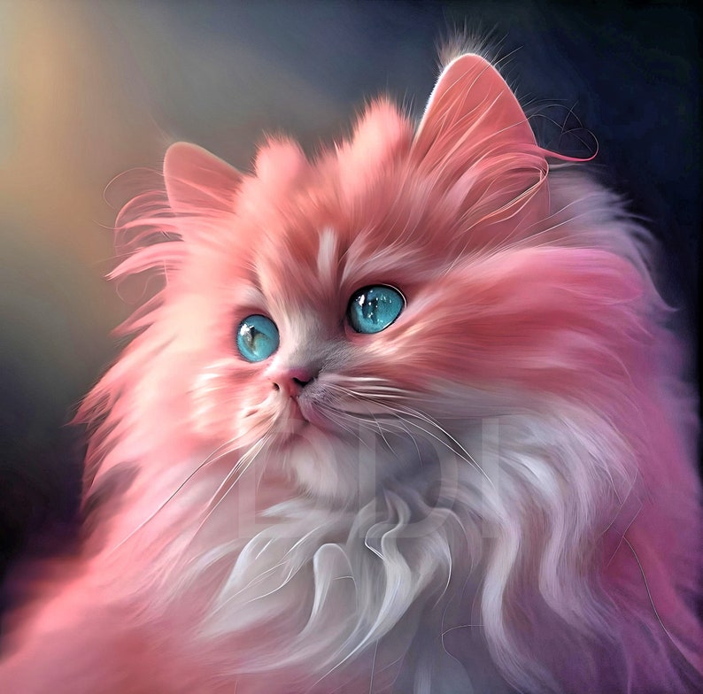 Pretty in Pink; Cute Cartoon Portrait Fluffy Pink Kitten - Nursery Art ...