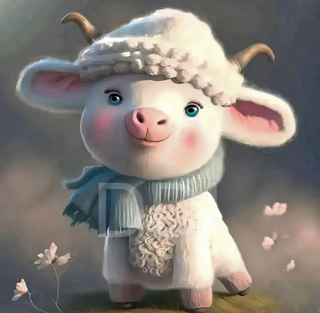 Cozy Calf Cute Kawaii Cartoon White Calf With Scarf and Hat Nursery ...