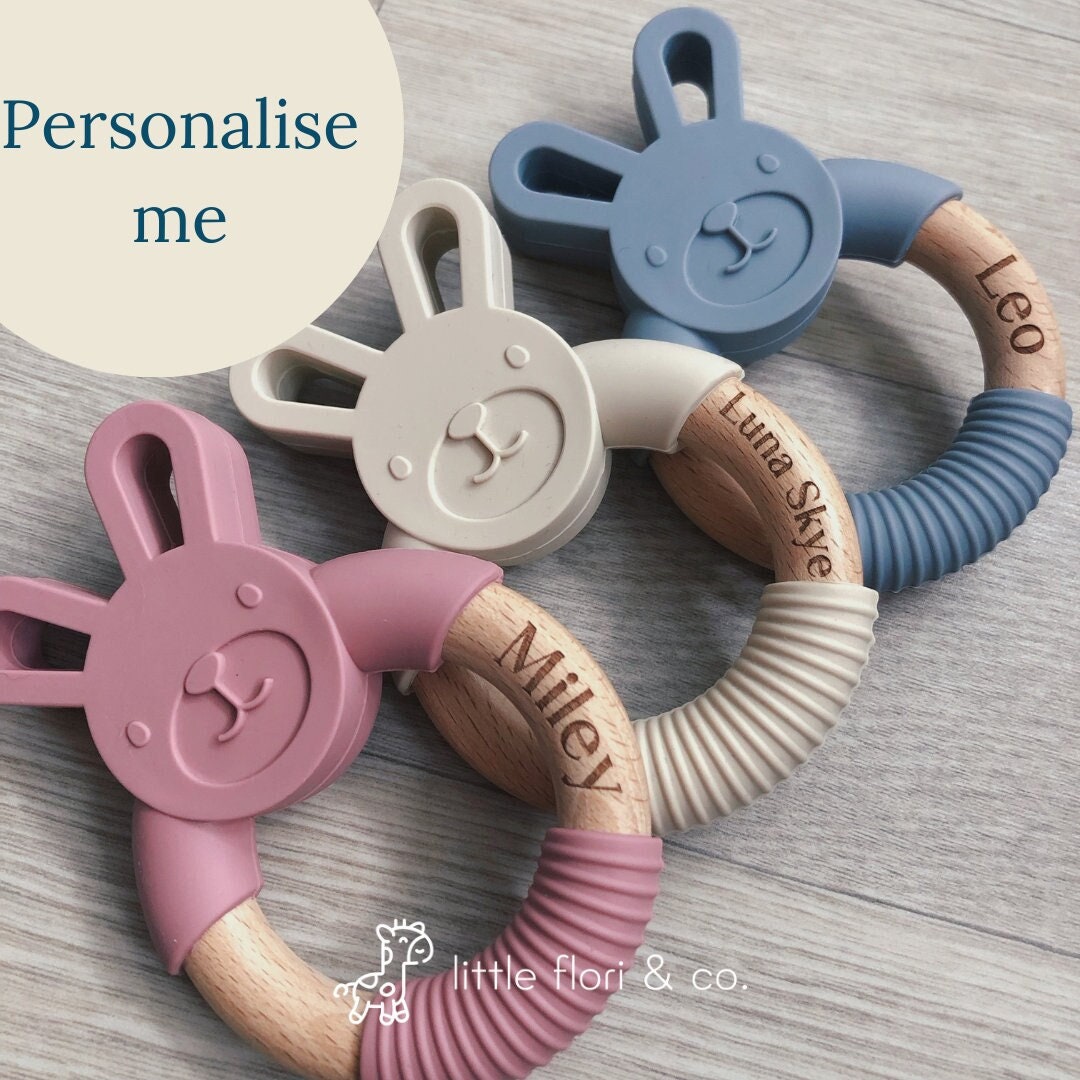 Personalised Silicone Bunny Teether | Silicone and Wood | Baby Teether ...