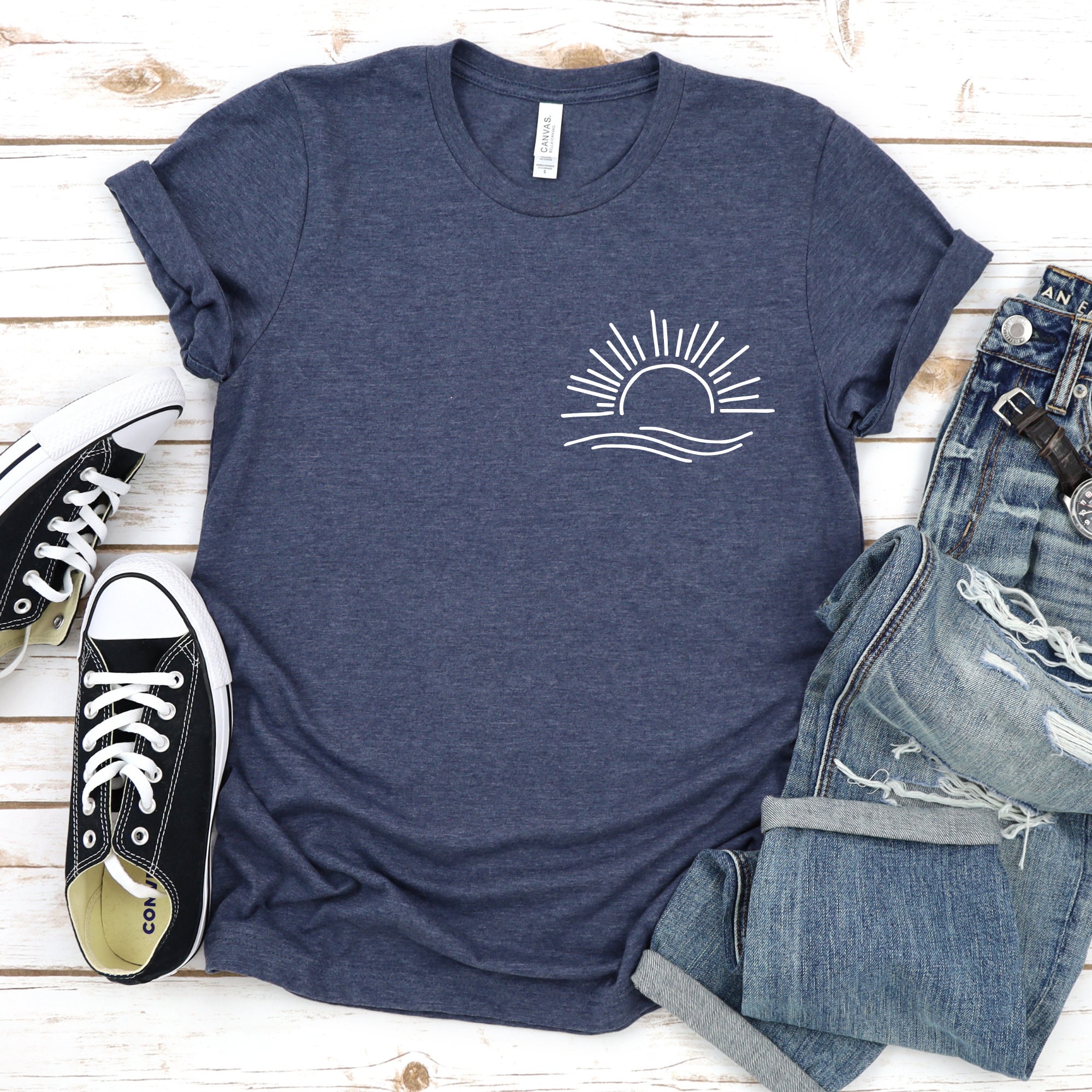 Sunset Pocket Print Shirt, Pocket Print Half Sun and Sea Shirt, Sunset ...