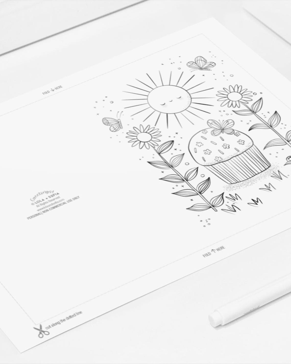 Coloring Greeting Card Printable - Cupcake and Flowers - Etsy