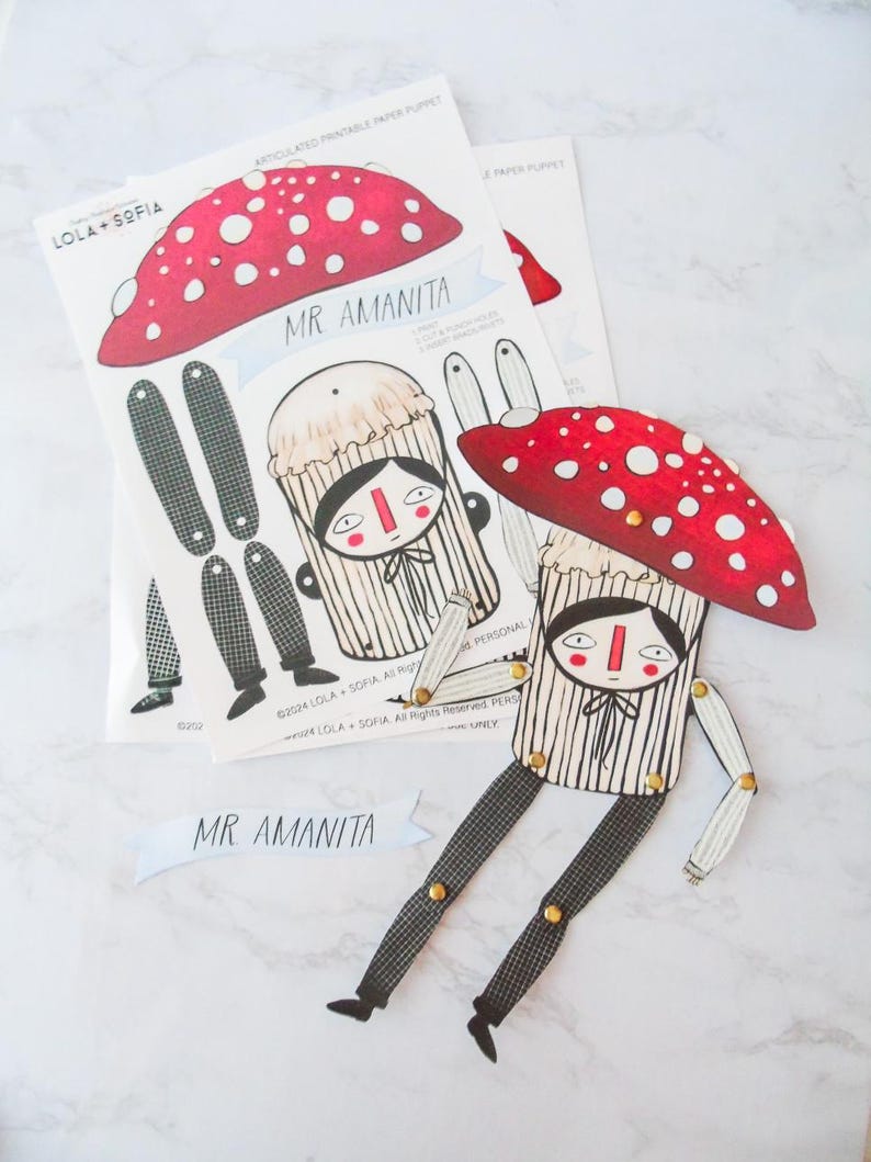 Mr. Amanita" - Hand-drawn Articulated Mushroom Paper Puppet, Printable ...