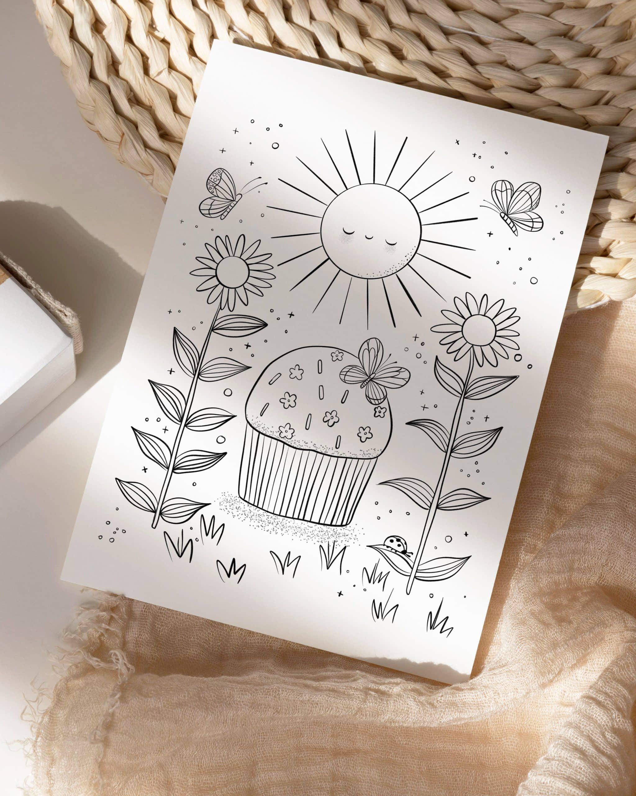 Coloring Greeting Card Printable - Cupcake and Flowers - Etsy