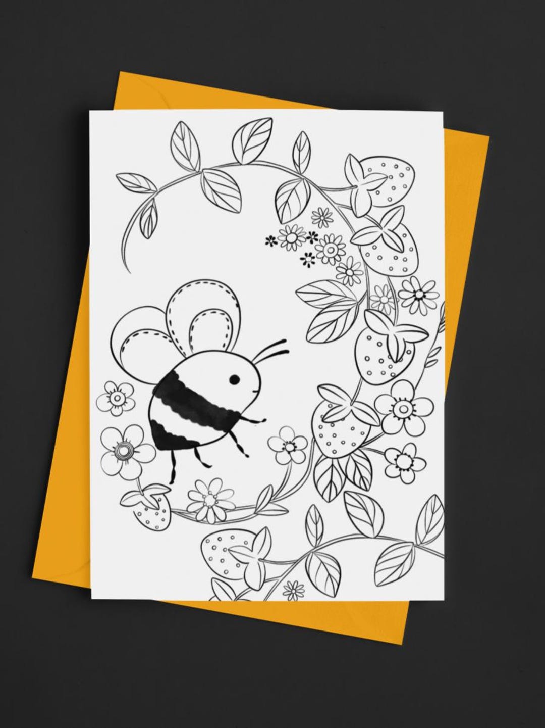 Little Bee and Strawberries - Printable Coloring Greeting Card - Etsy