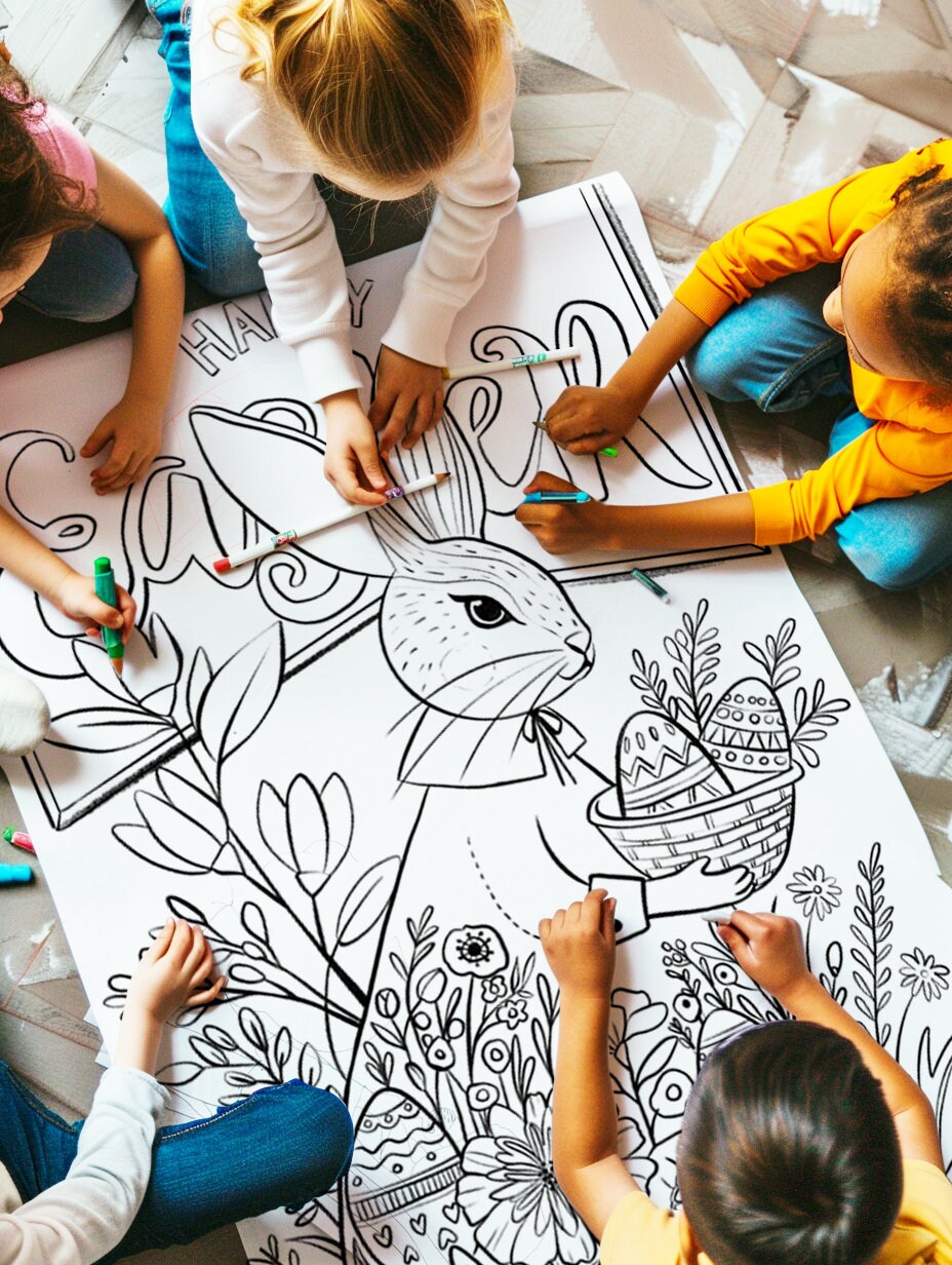 Giant Happy Easter Coloring Page - Enchanting Bunny & Egg Garden Scene ...