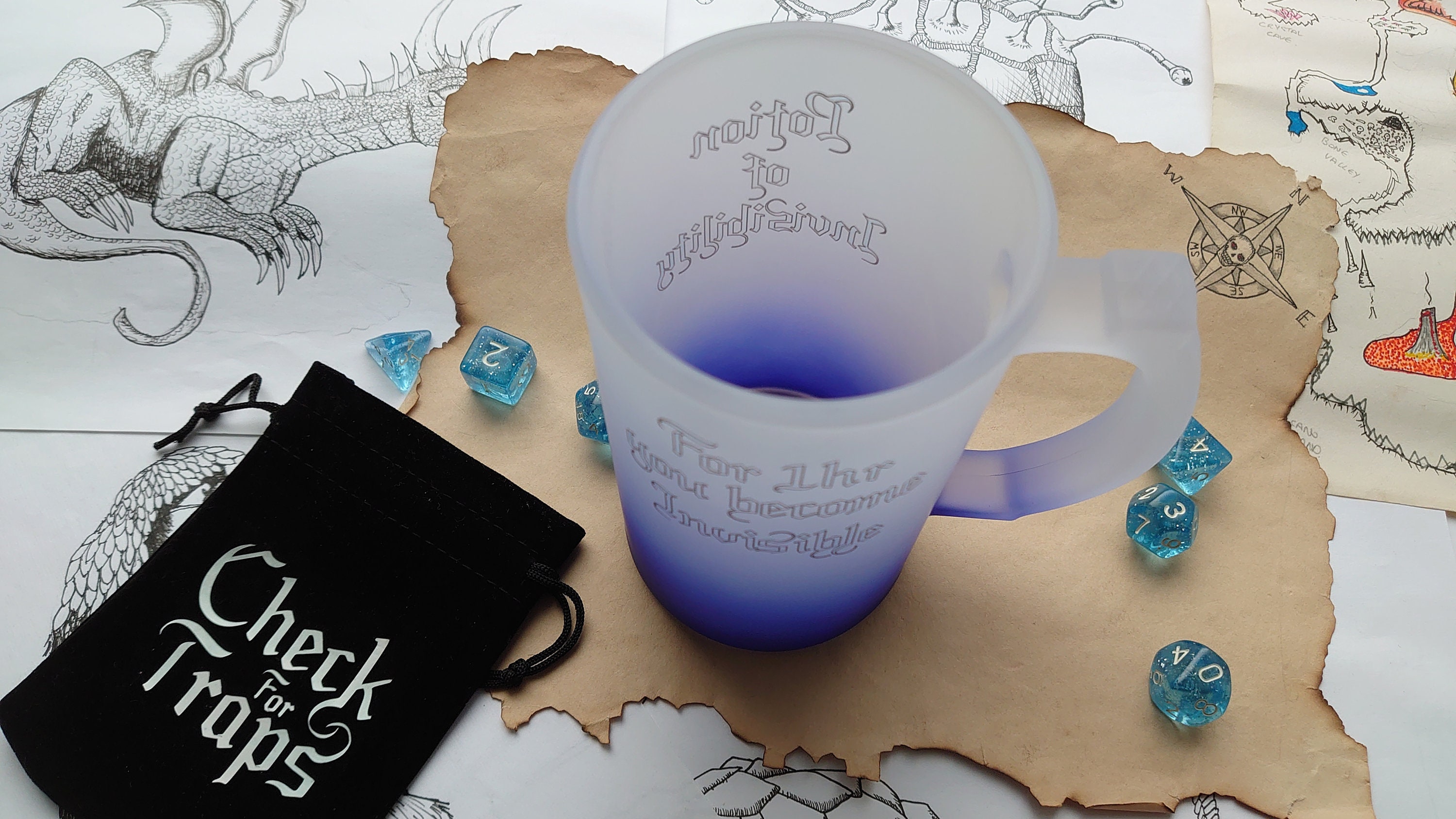 Potion of Invisibility Tankard 16oz Frosted Glass Stein With 7 Dice ...
