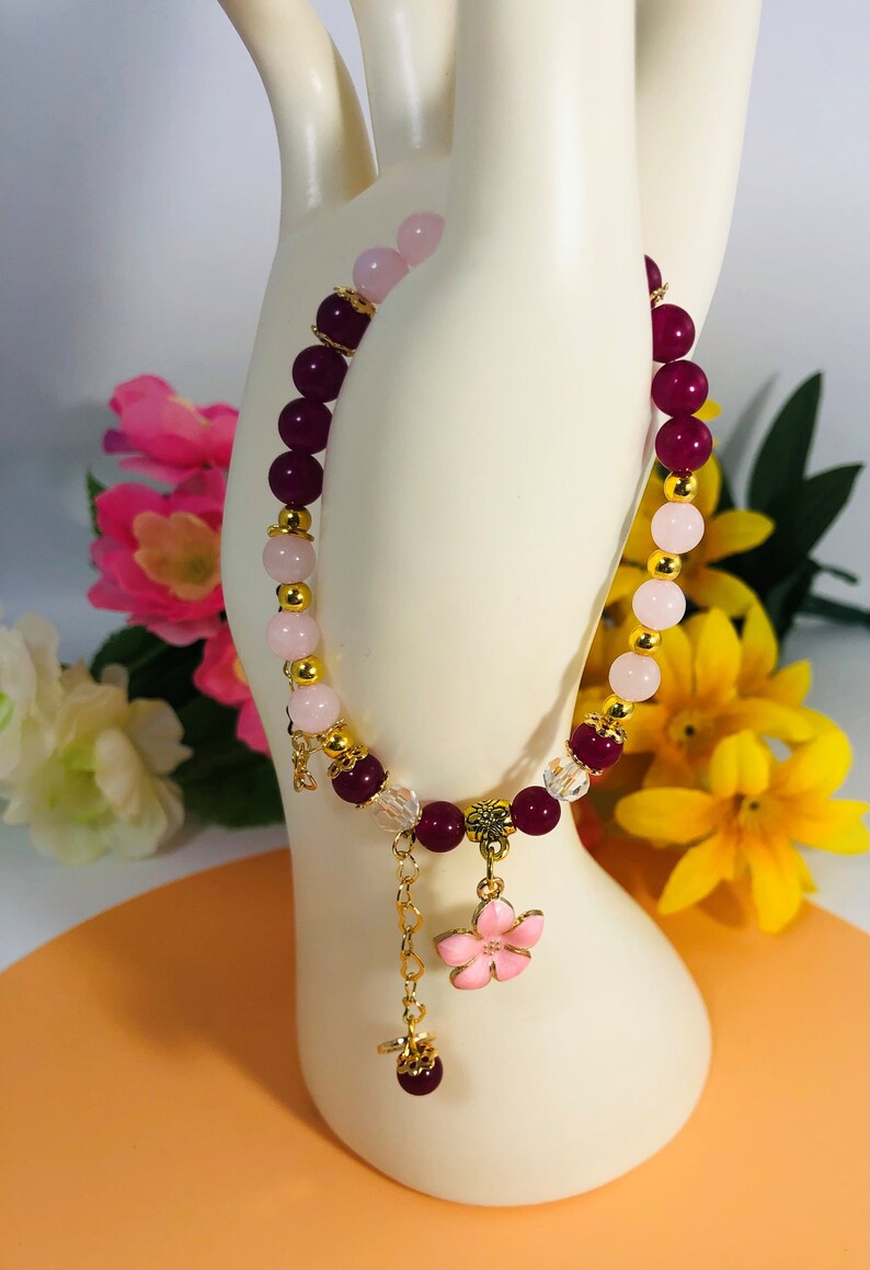 Rose Jade and Pink Rose Quartz Bracelet, Stretchy Flower Pendant Bracelet, Gemstone Bracelet ...