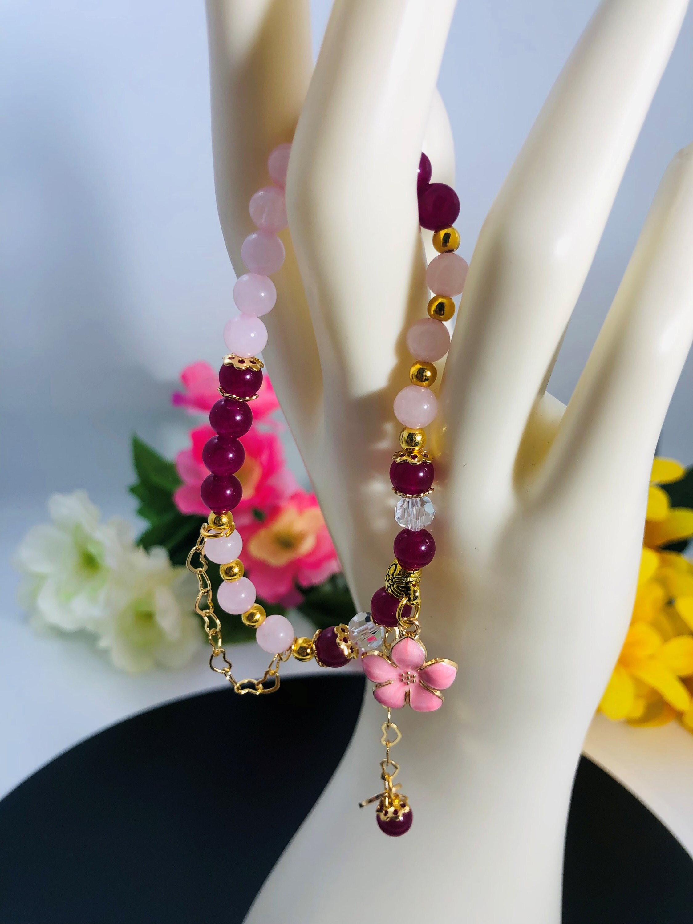 Rose Jade and Pink Rose Quartz Bracelet, Stretchy Flower Pendant ...