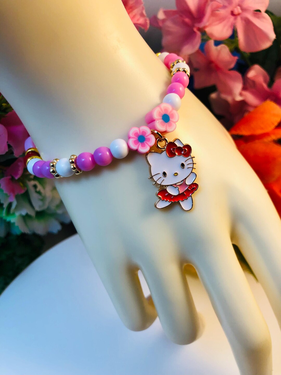 Hello Kitty Bracelet, Hello Kitty Beaded Bracelet, Hello Kitty Charm ...