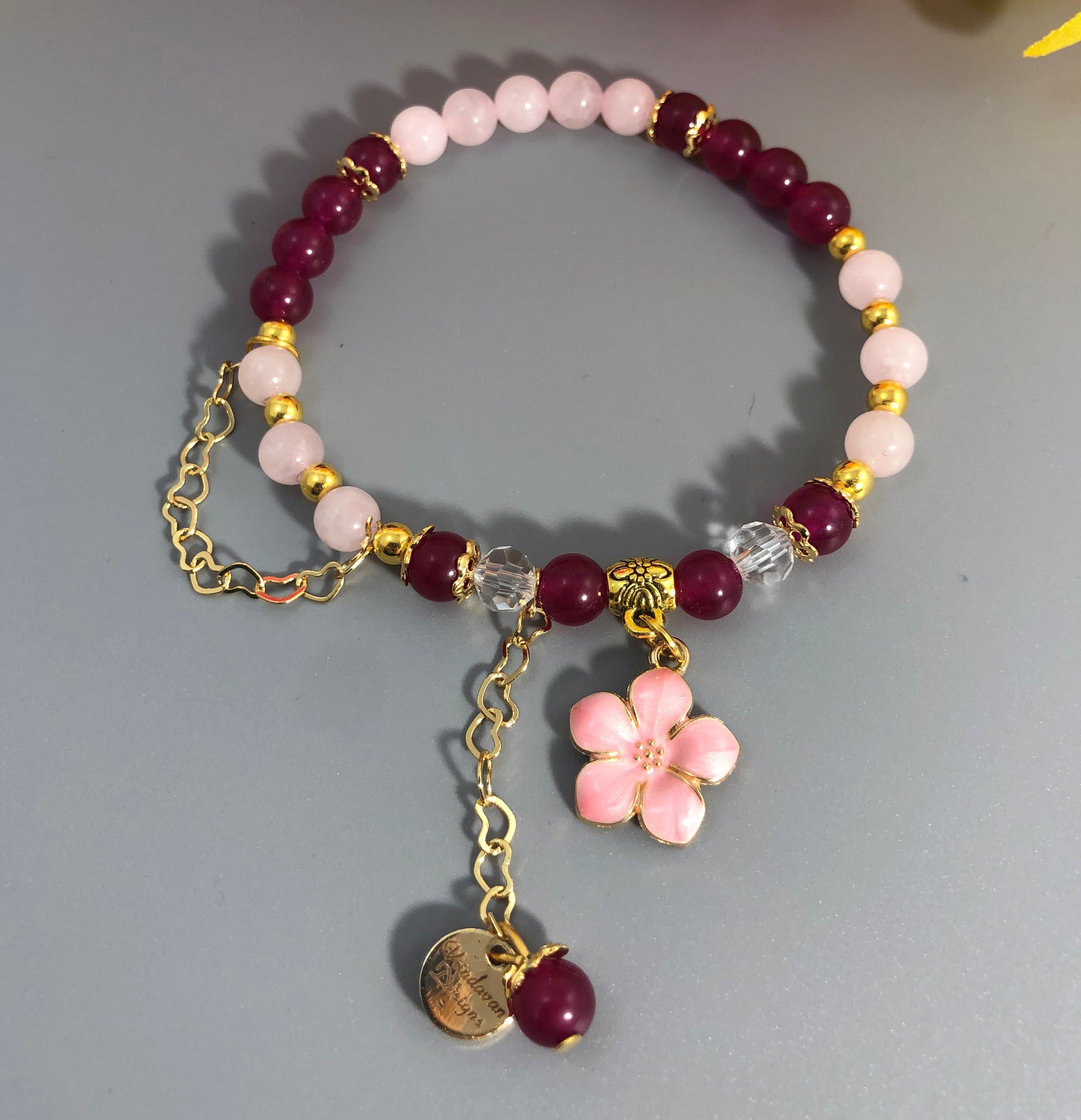 Rose Jade and Pink Rose Quartz Bracelet, Stretchy Flower Pendant ...