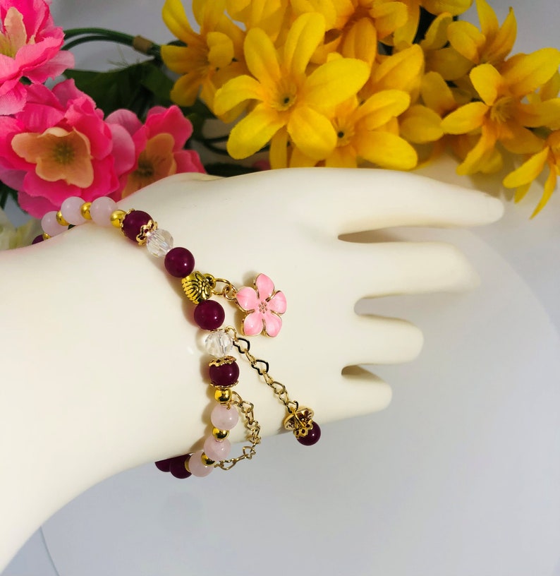 Rose Jade and Pink Rose Quartz Bracelet, Stretchy Flower Pendant ...