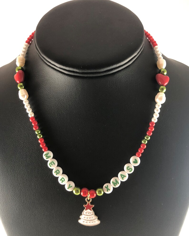 Christmas Choker, Pearl Necklace, Red and Green Jewelry, Christmas Tree ...