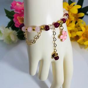 Rose Jade and Pink Rose Quartz Bracelet, Stretchy Flower Pendant ...