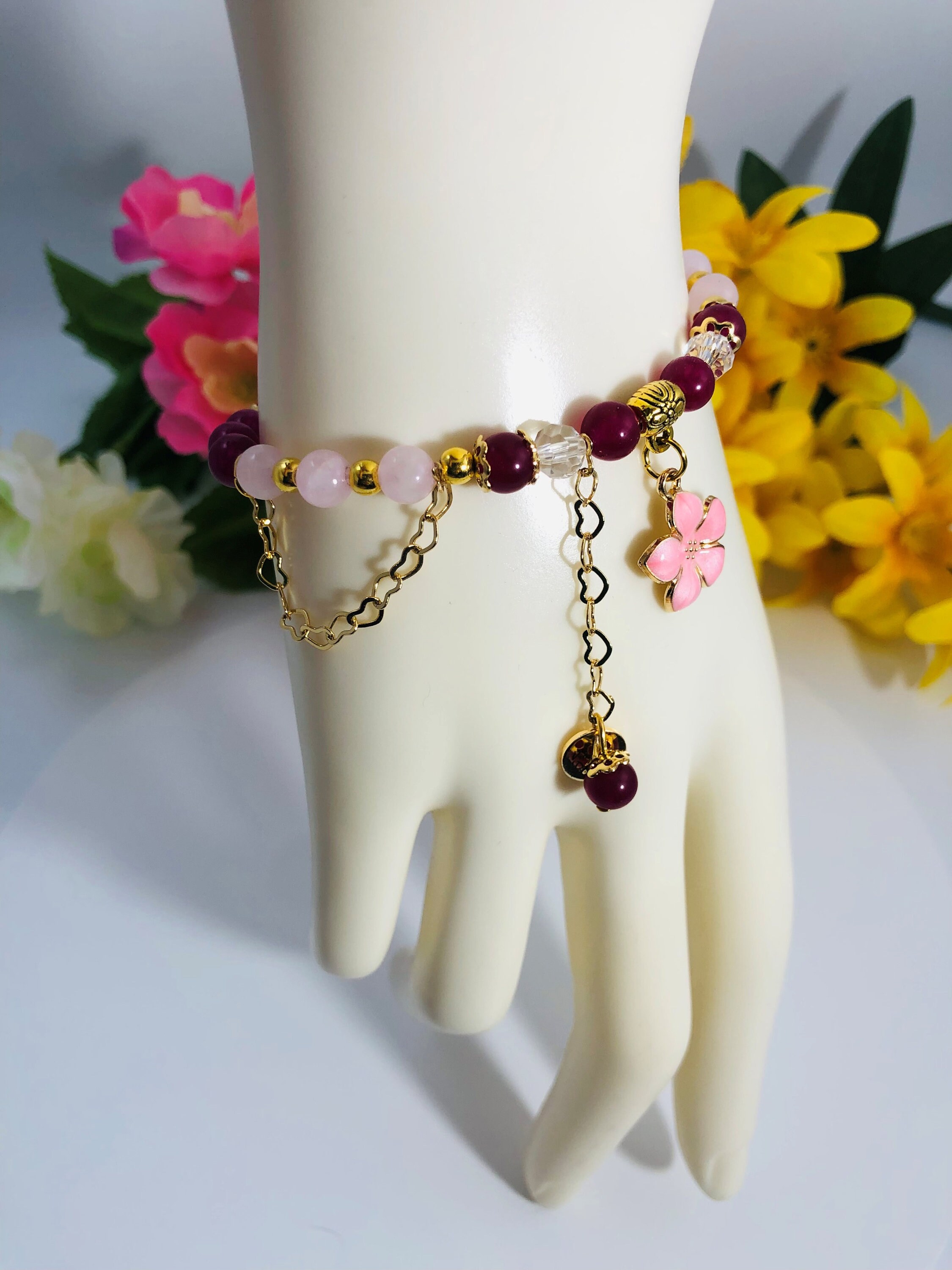 Rose Jade and Pink Rose Quartz Bracelet, Stretchy Flower Pendant ...