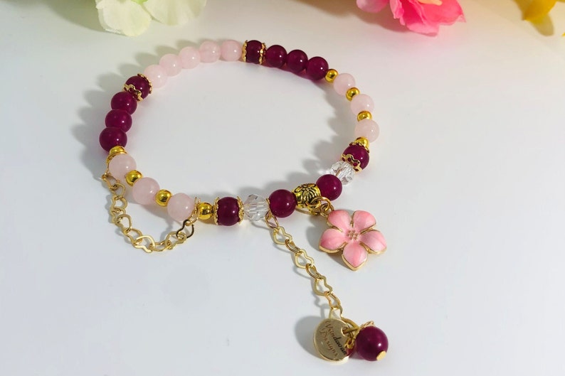 Rose Jade and Pink Rose Quartz Bracelet, Stretchy Flower Pendant ...