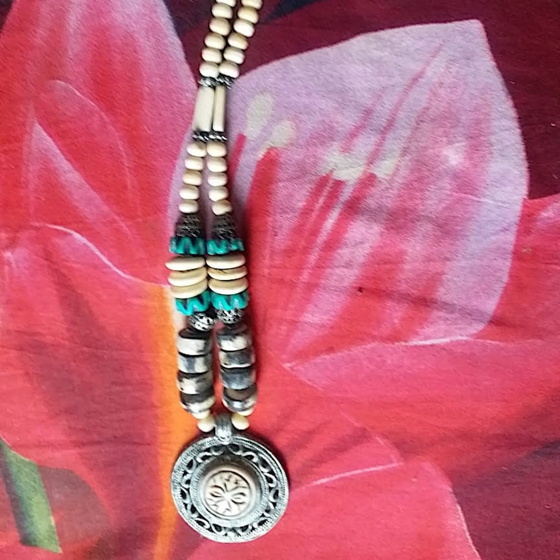 Hand Carved Indian Bone Necklace and Pendant Metal & Stone Handmade in ...