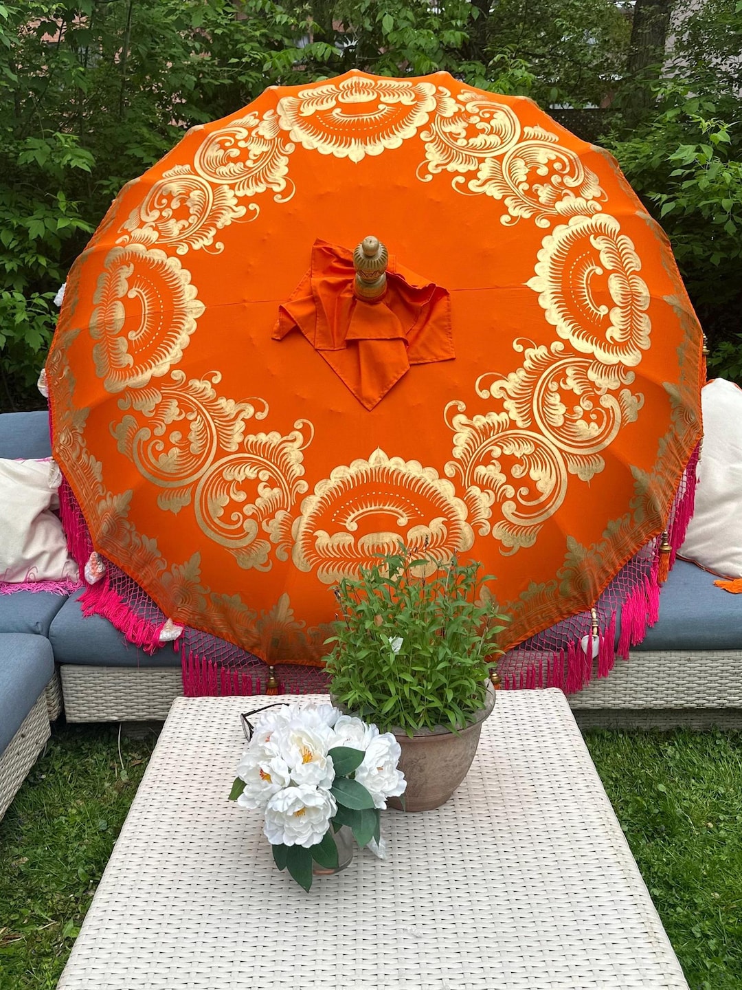 Orange Boho Garden Parasol – Handcrafted Balinese Umbrella for Weddings ...